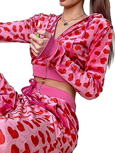 Kaenwang Women 's Heart Print Full Zip Velour Hoodie, Y2K Long Sleeve Crop Sweatshirt Cute Jogging Jacket (Red-top, Small)
