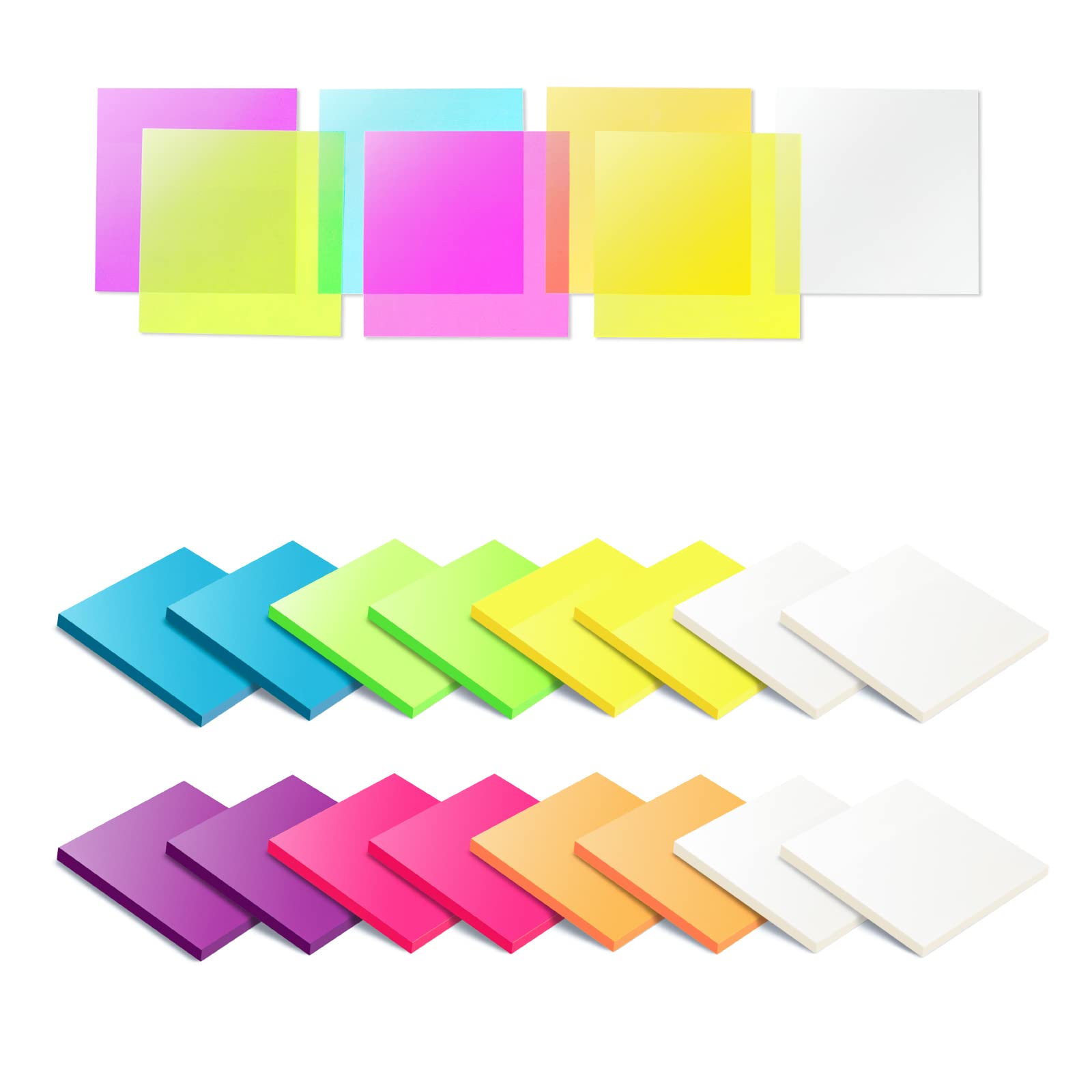 (16 Pack) Transparent Sticky Notes 3x3 in, (768 Sheets) Post Waterproof Translucent Color Memo Pads, Clear See Through Self-Adhesive Pad