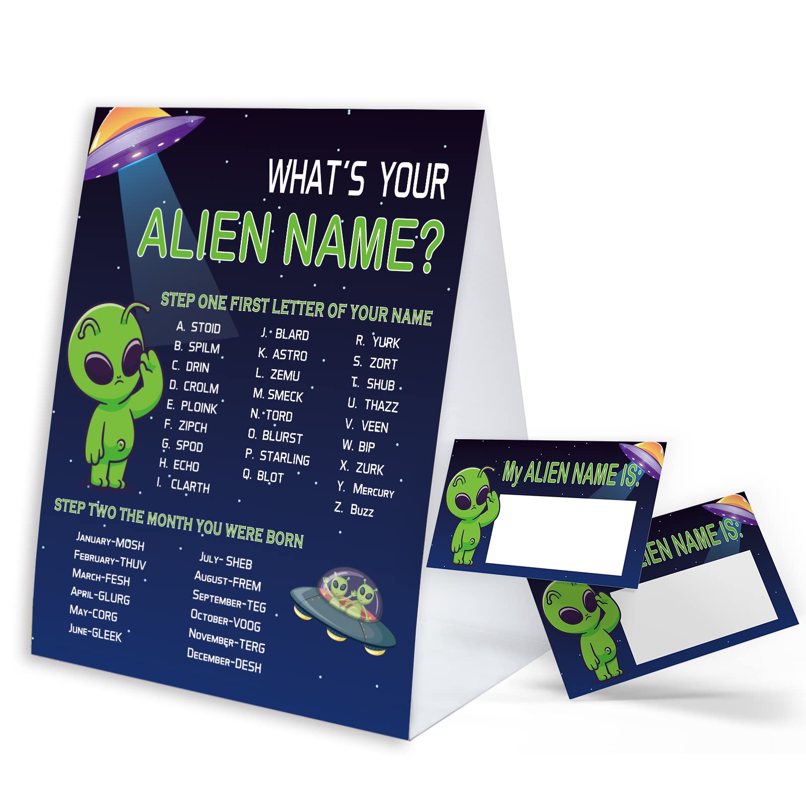 What's Your Alien Name Game Sign with Name Tag Stickers for Baby Shower, Baby Shower Decorations, Birthday Party Game, Baby Shower Games Fun for Adults & Kids Family Class Office Activity PTWYN03