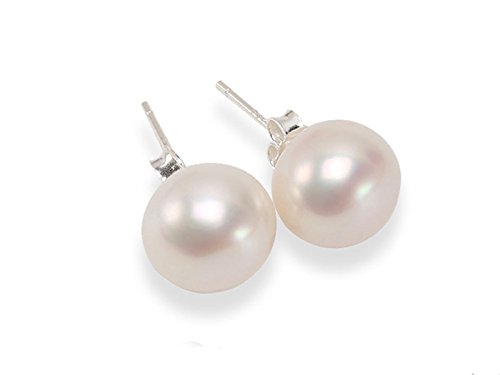 Womens Pearl 925 Sterling Silver Earrings Natural Button White Cultured Freshwater Pearl Stud Earrings AAA Quality