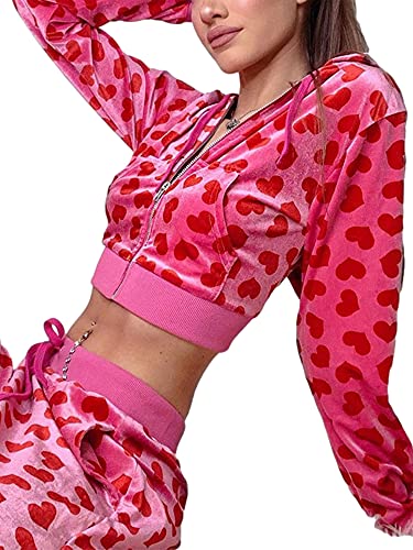 Kaenwang Women 's Heart Print Full Zip Velour Hoodie, Y2K Long Sleeve Crop Sweatshirt Cute Jogging Jacket (Red-top, Small)