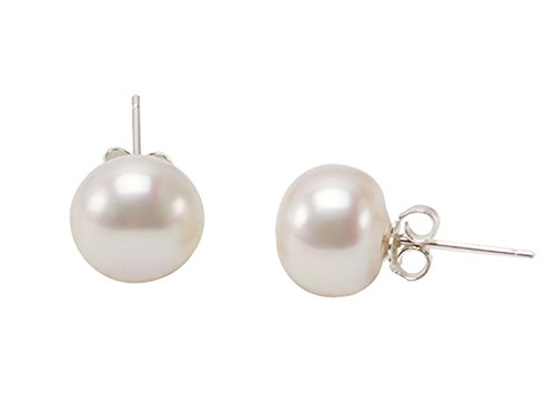 Womens Pearl 925 Sterling Silver Earrings Natural Button White Cultured Freshwater Pearl Stud Earrings AAA Quality