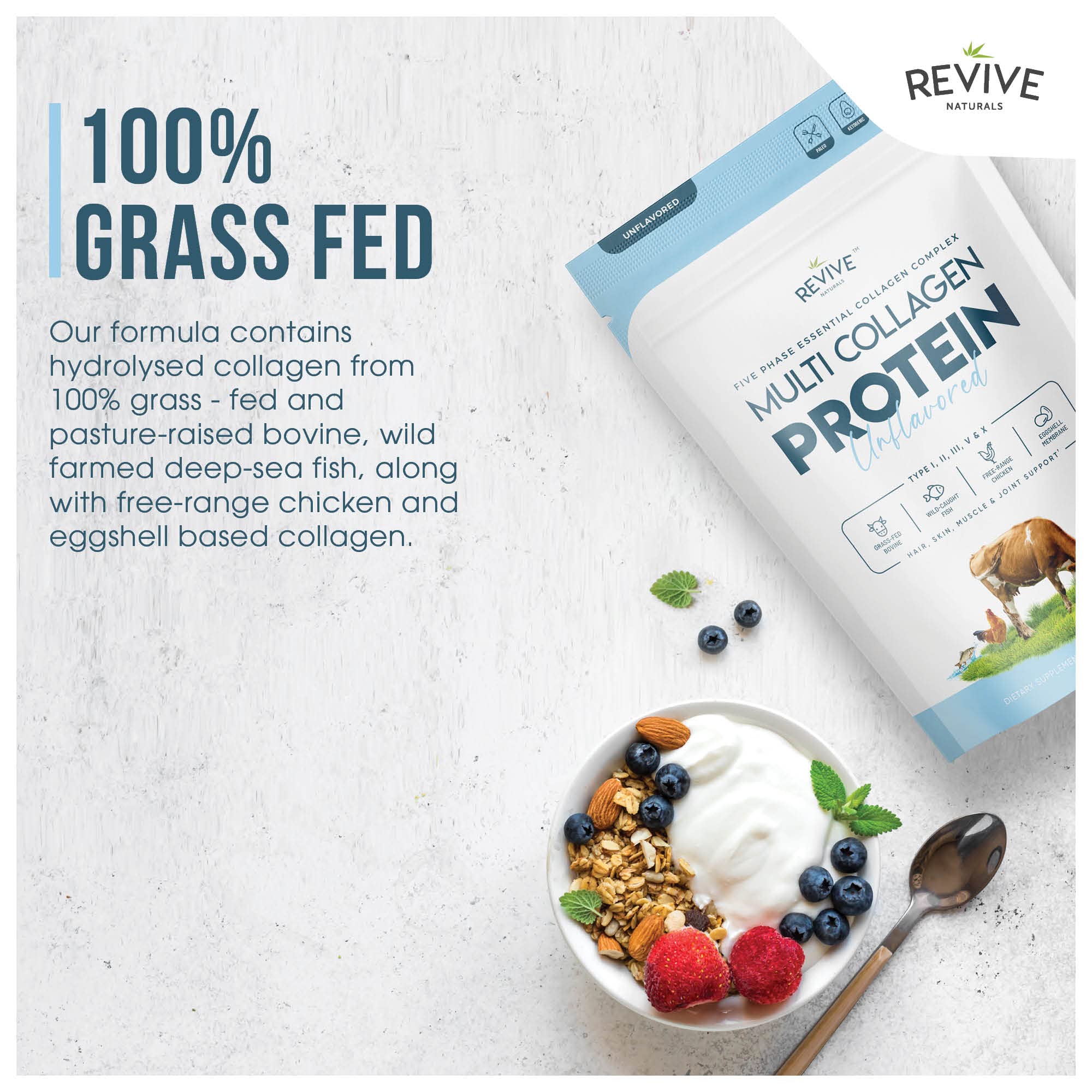 Multi Collagen Hydrolyzed Protein Powder (16oz) - Types I, II, III, V & X - Grass Fed Bovine (Peptan®), Wild Caught Marine, Free Roaming Chicken & Eggshell Collagen Peptides, Non-GMO, GF.