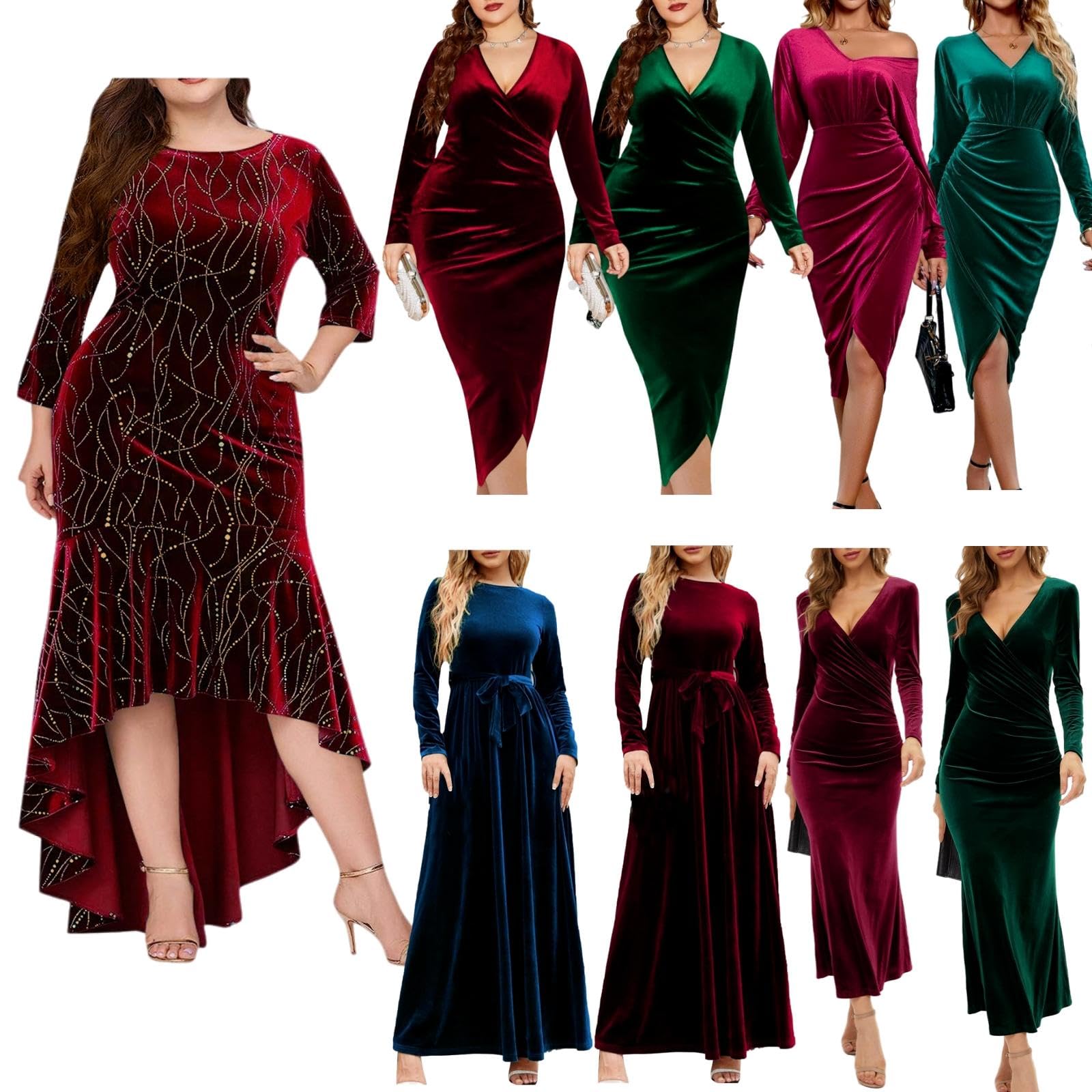 UEGEQU Evening Dresses for Women Elegant Classy, Fashion Sexy Sparkly Crewneck Party Cocktail Dresses Plus Size 3/4 Sleeve Maxi Long Velvet Dress 2023 Pink Homecoming Bodycon (3XL, Red)