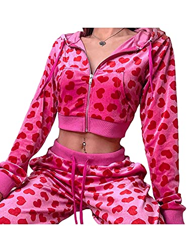 Kaenwang Women 's Heart Print Full Zip Velour Hoodie, Y2K Long Sleeve Crop Sweatshirt Cute Jogging Jacket (Red-top, Small)