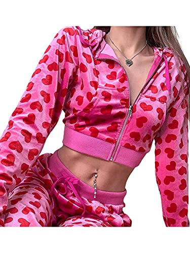 Kaenwang Women 's Heart Print Full Zip Velour Hoodie, Y2K Long Sleeve Crop Sweatshirt Cute Jogging Jacket (Red-top, Small)
