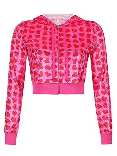 Kaenwang Women 's Heart Print Full Zip Velour Hoodie, Y2K Long Sleeve Crop Sweatshirt Cute Jogging Jacket (Red-top, Small)