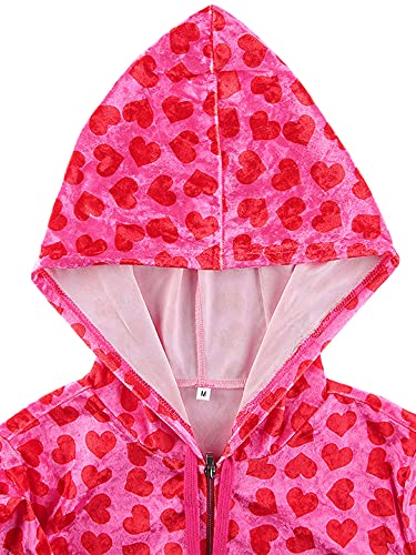 Kaenwang Women 's Heart Print Full Zip Velour Hoodie, Y2K Long Sleeve Crop Sweatshirt Cute Jogging Jacket (Red-top, Small)