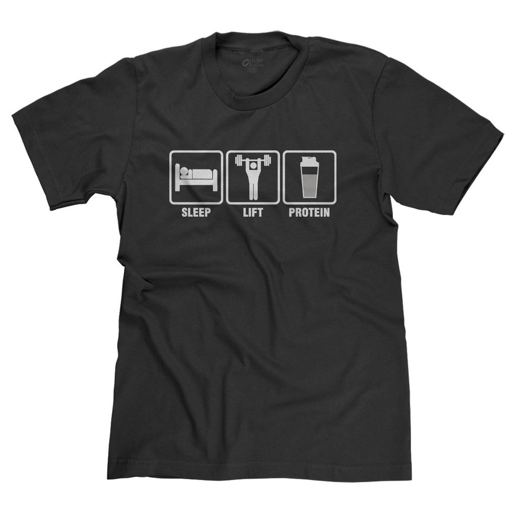 FreshRags Sleep. Lift. Protein. Funny Workout Gym Weight Lifting Men's T-Shirt MD Black