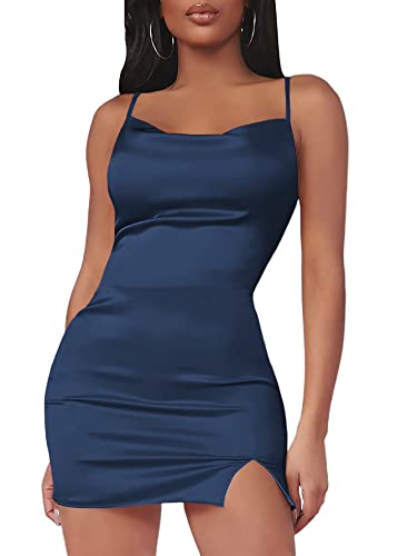 LYANER Women's Satin Silk Spaghetti Strap Slit Bodycon Sleeveless Mini Dress Navy Blue Medium