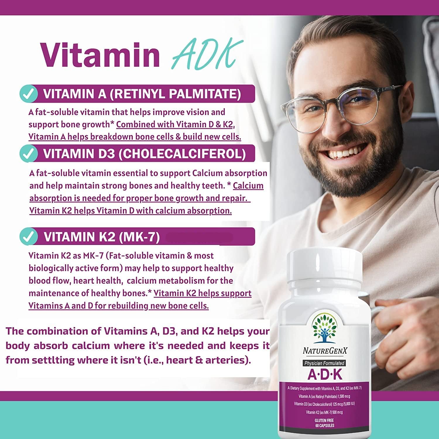 NatureGenX ADK Vitamin Supplement - Enhanced Bone Health with High Potency Vitamins A, D3, K2, Gluten-Free, 60 Capsules (Pack of 2)