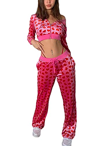 Kaenwang Women 's Heart Print Full Zip Velour Hoodie, Y2K Long Sleeve Crop Sweatshirt Cute Jogging Jacket (Red-top, Small)