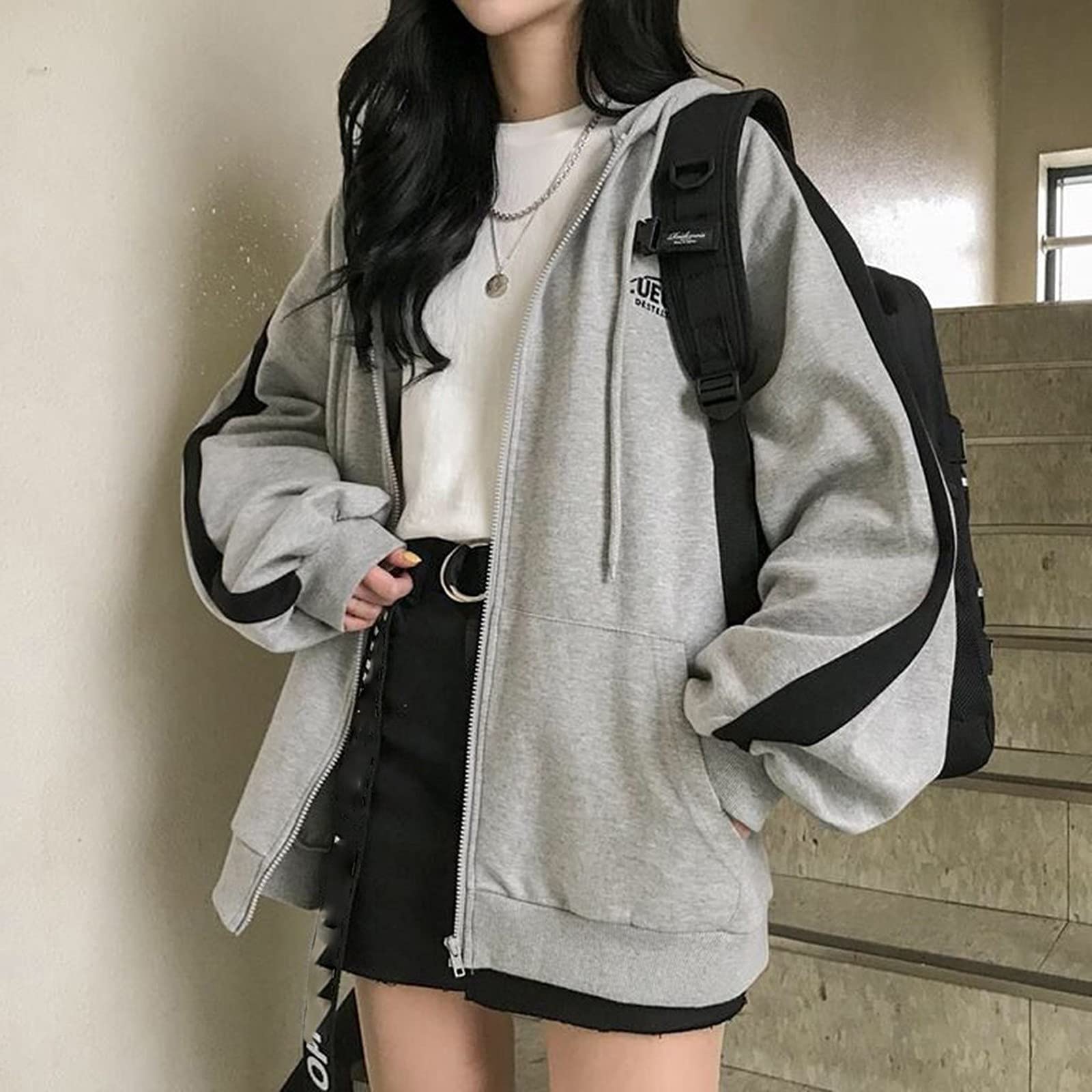 WMZJSZHY Womens Oversized Zip Up Hoodie Y2K Casual Long Sleeve Black Hooded Sweatshirt 90s Solid Zipper Jacket Cute Top for Teen Girls
