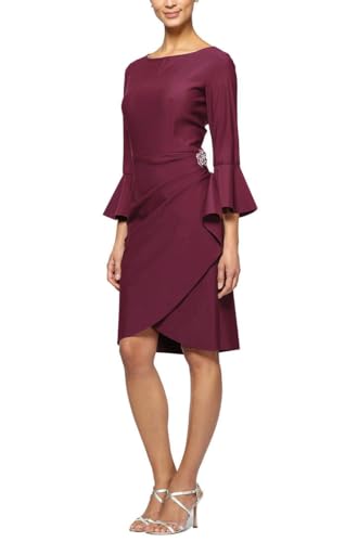 Alex Evenings Women's Slimming Short Dress with Bell Sleeves (Petite and Regular) , Wine , 8