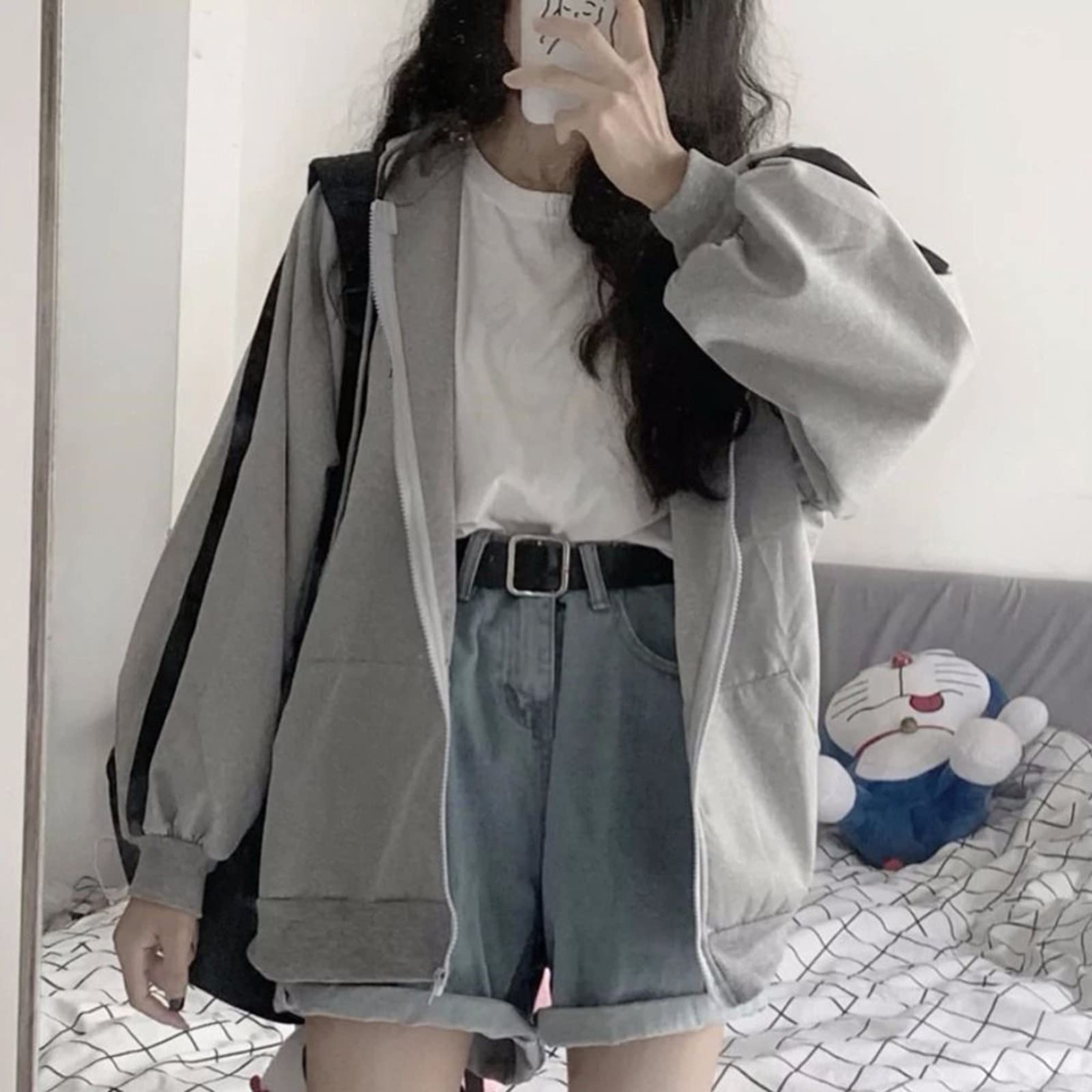 WMZJSZHY Womens Oversized Zip Up Hoodie Y2K Casual Long Sleeve Black Hooded Sweatshirt 90s Solid Zipper Jacket Cute Top for Teen Girls