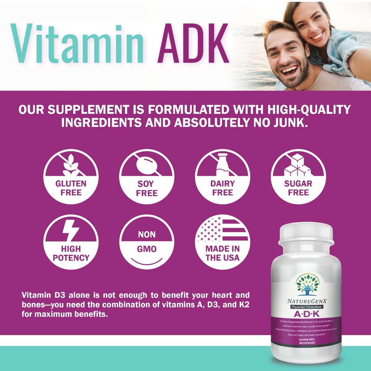 NatureGenX ADK Vitamin Supplement - Enhanced Bone Health with High Potency Vitamins A, D3, K2, Gluten-Free, 60 Capsules (Pack of 2)