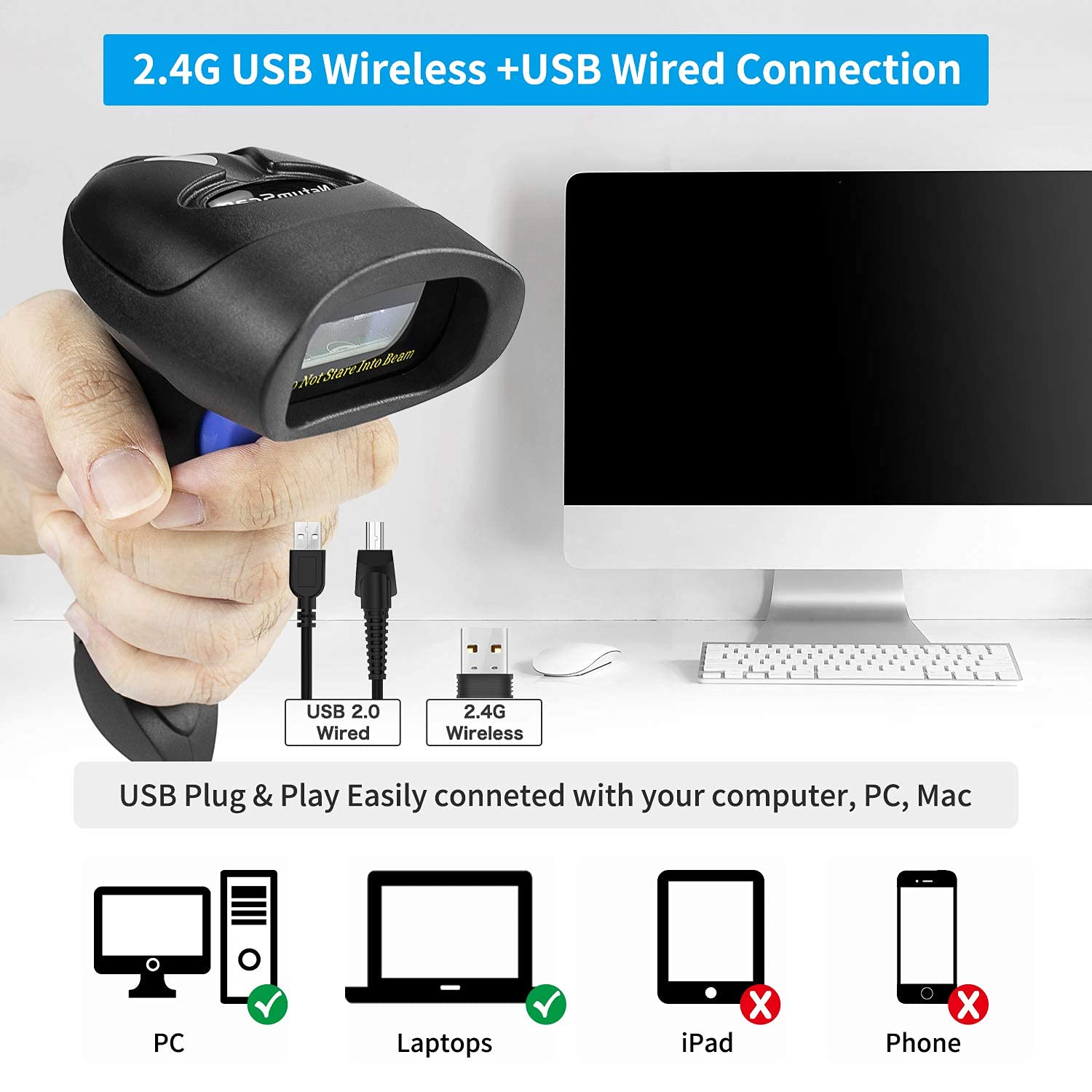 Wireless 1D 2D Barcode Scanner with Stand, NetumScan Portable Automatic QR Code Scanner Supports Screen Scan Handheld CMOS Image Bar Code Reader with USB Receiver for Warehouse POS and Computer