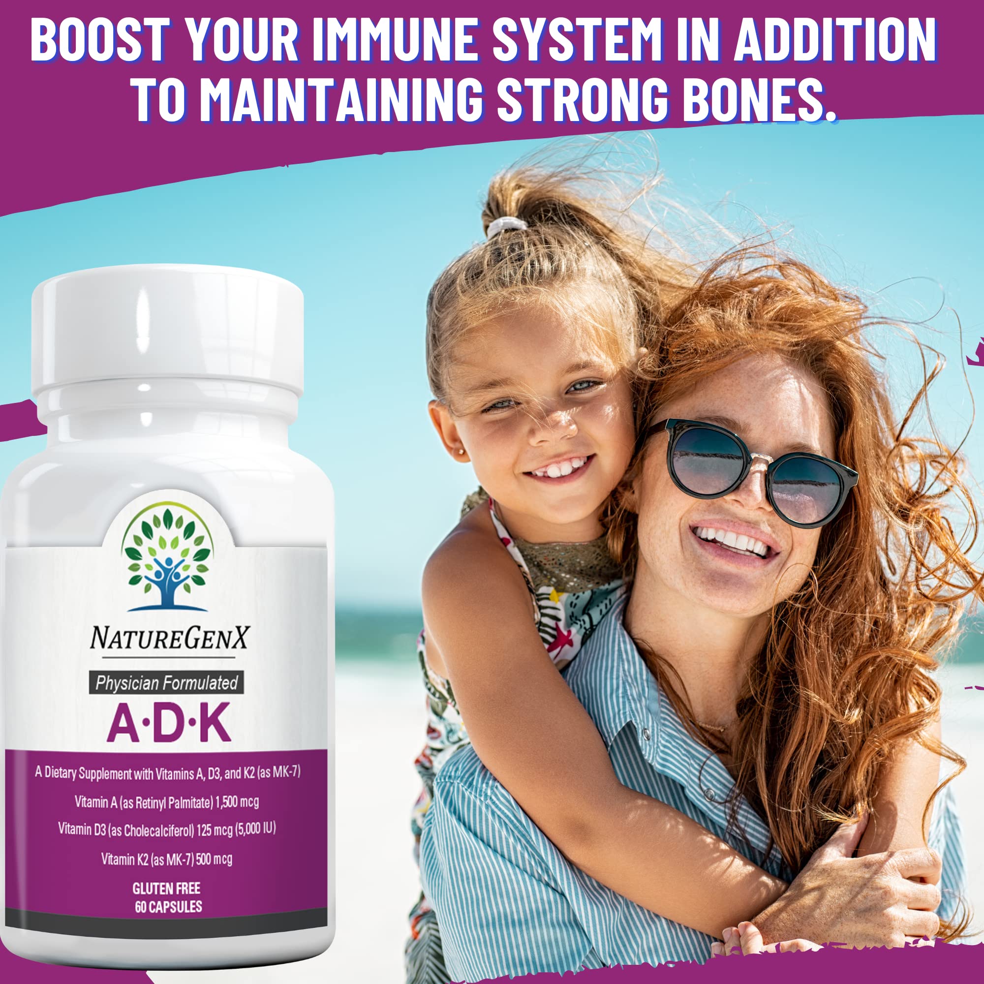 NatureGenX ADK Vitamin Supplement - Enhanced Bone Health with High Potency Vitamins A, D3, K2, Gluten-Free, 60 Capsules (Pack of 2)