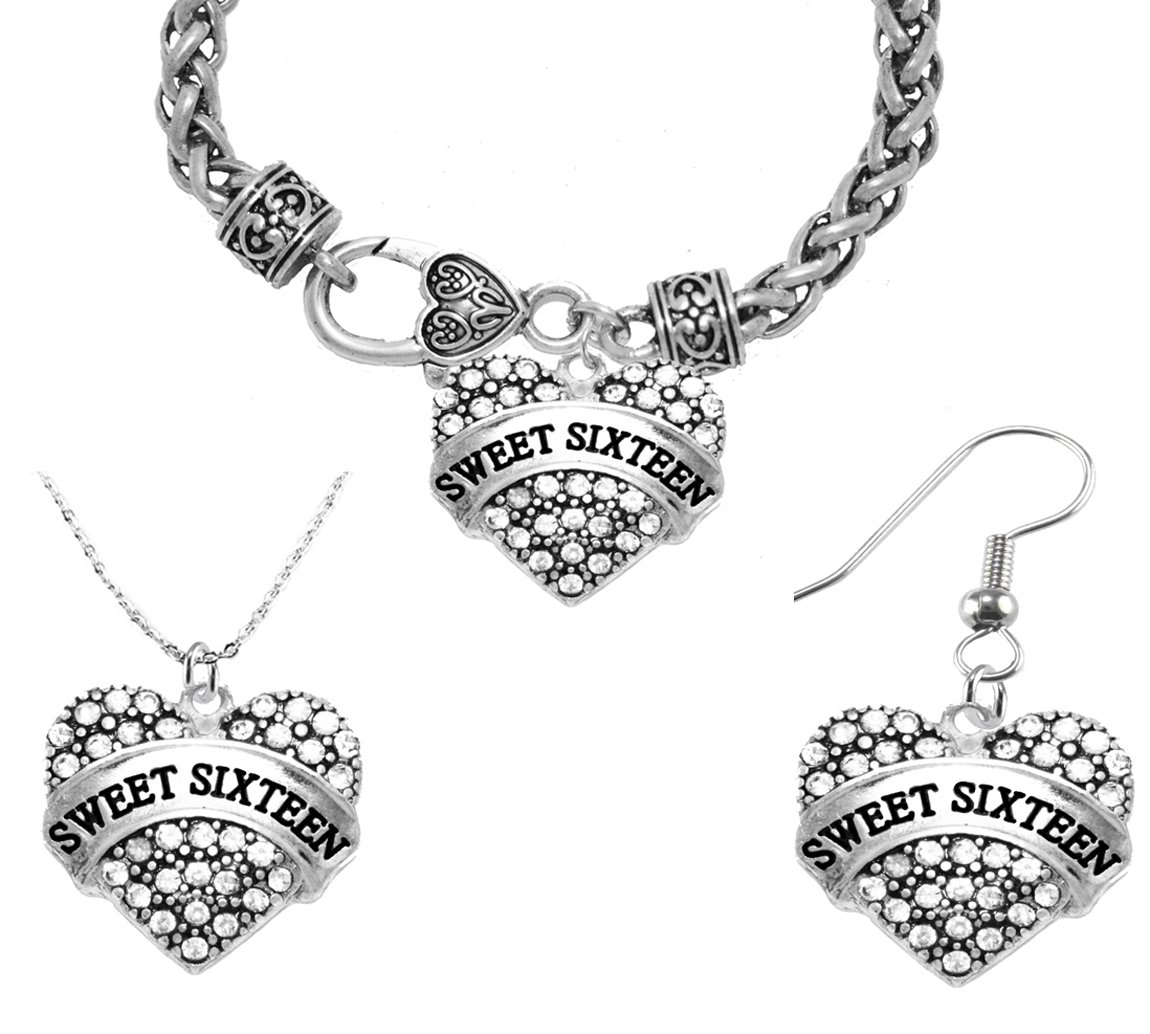 Sweet Sixteen Necklace, Earring, Bracelet Set, Hypoallergenic, Safe-Nickel, Lead, and Cadmium Free.