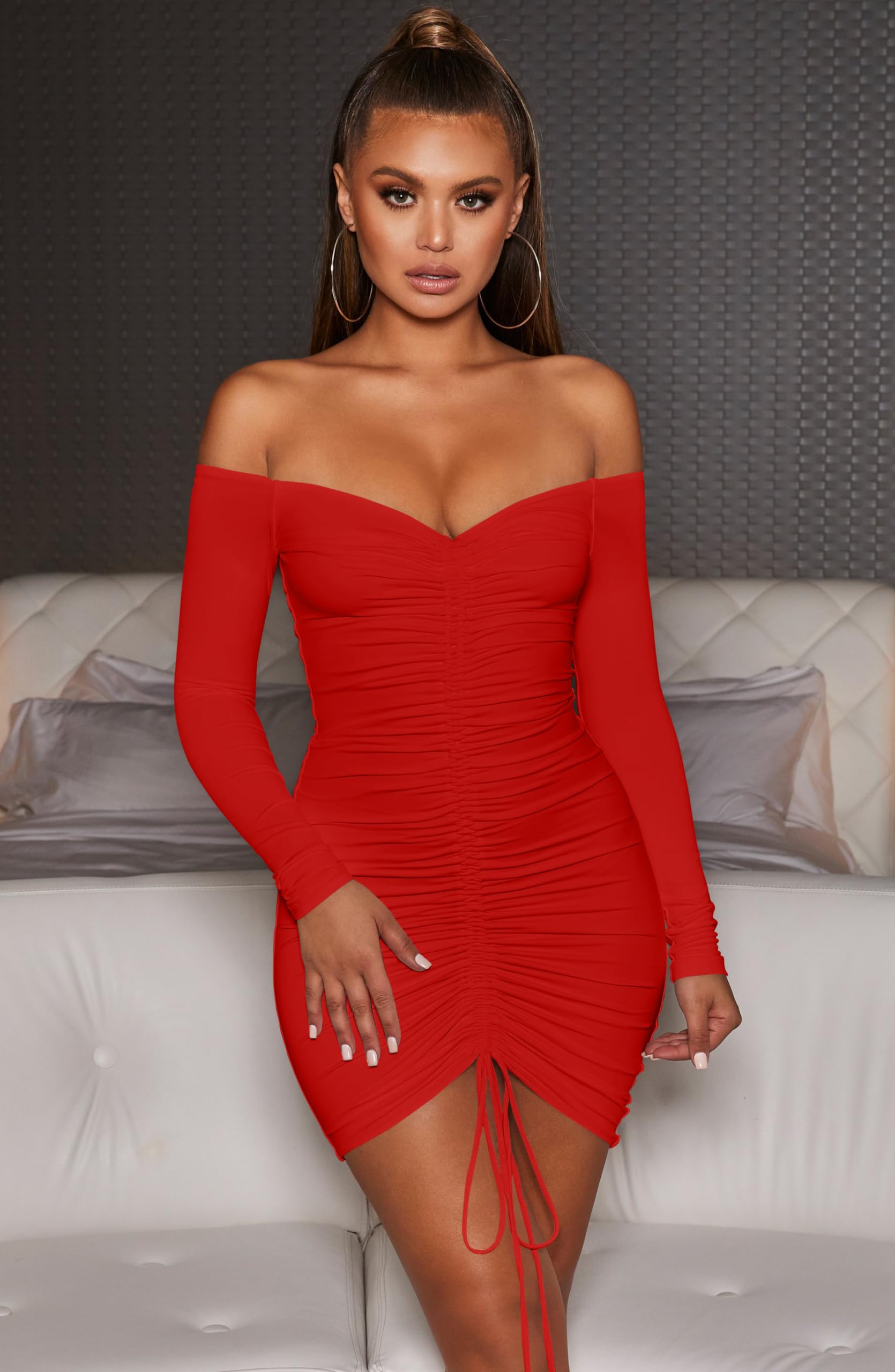 XXTAXN Women's Sexy Elegant Long Sleeve Off The Shoulder Ruched Mini Dress Red