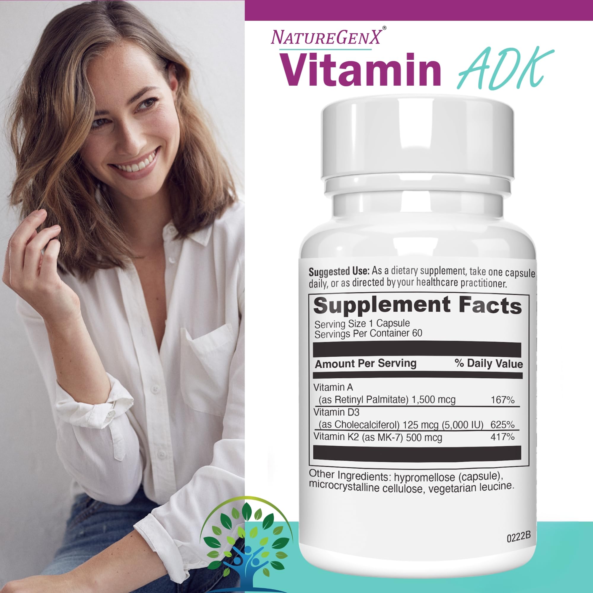 NatureGenX ADK Vitamin Supplement - Enhanced Bone Health with High Potency Vitamins A, D3, K2, Gluten-Free, 60 Capsules (Pack of 2)