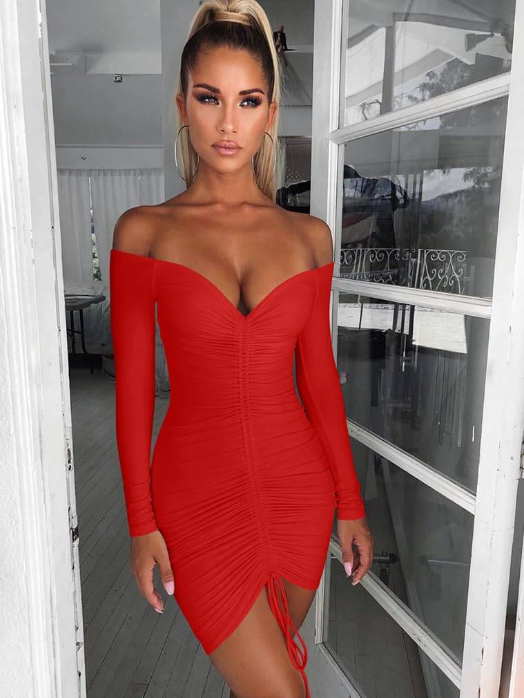 XXTAXN Women's Sexy Elegant Long Sleeve Off The Shoulder Ruched Mini Dress Red