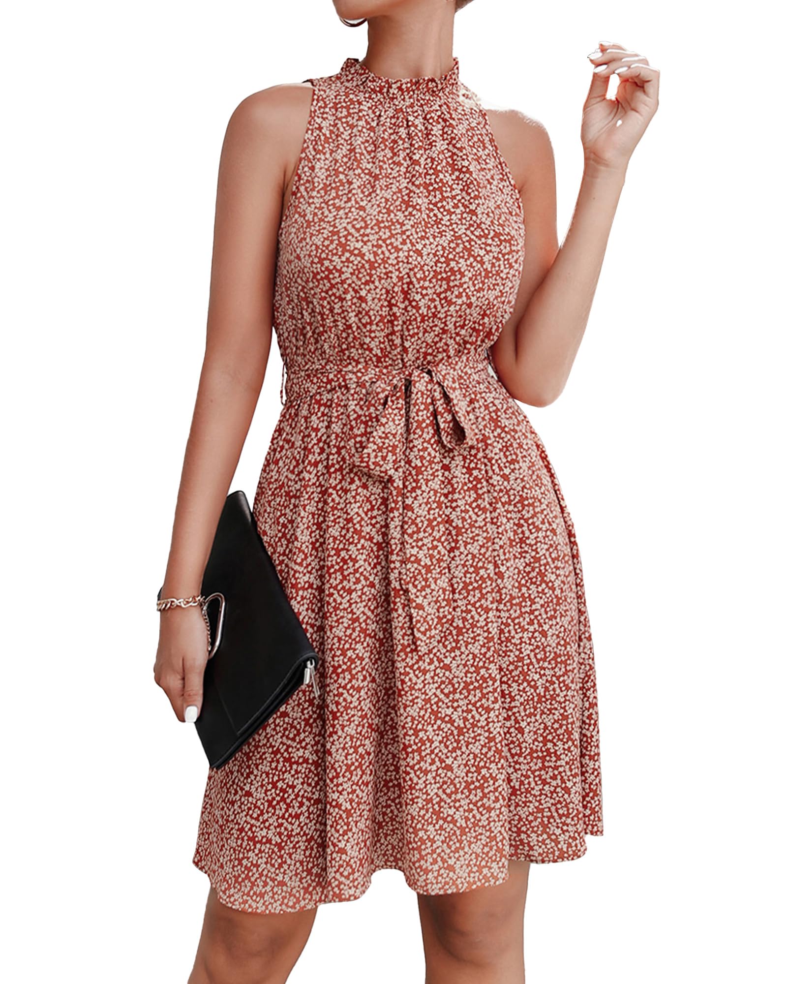 BTFBM Women 2025 Halter Neck Summer Dresses Casual Sleeveless Floral Polka Dot Print Ruffle Mini Boho Beach Sun Dress(Floral Print Red, Medium)