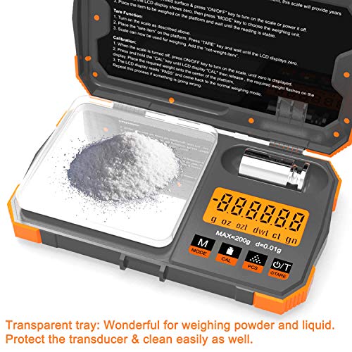Pocket Scale with Tray 200 x 0.01g High Precesion Gram Scale Arrow Scale Jewelery Coin Scale 50g Calibration Weight USB Cable Included Read in Gram Grain Carat Pennyweigh oz ozt