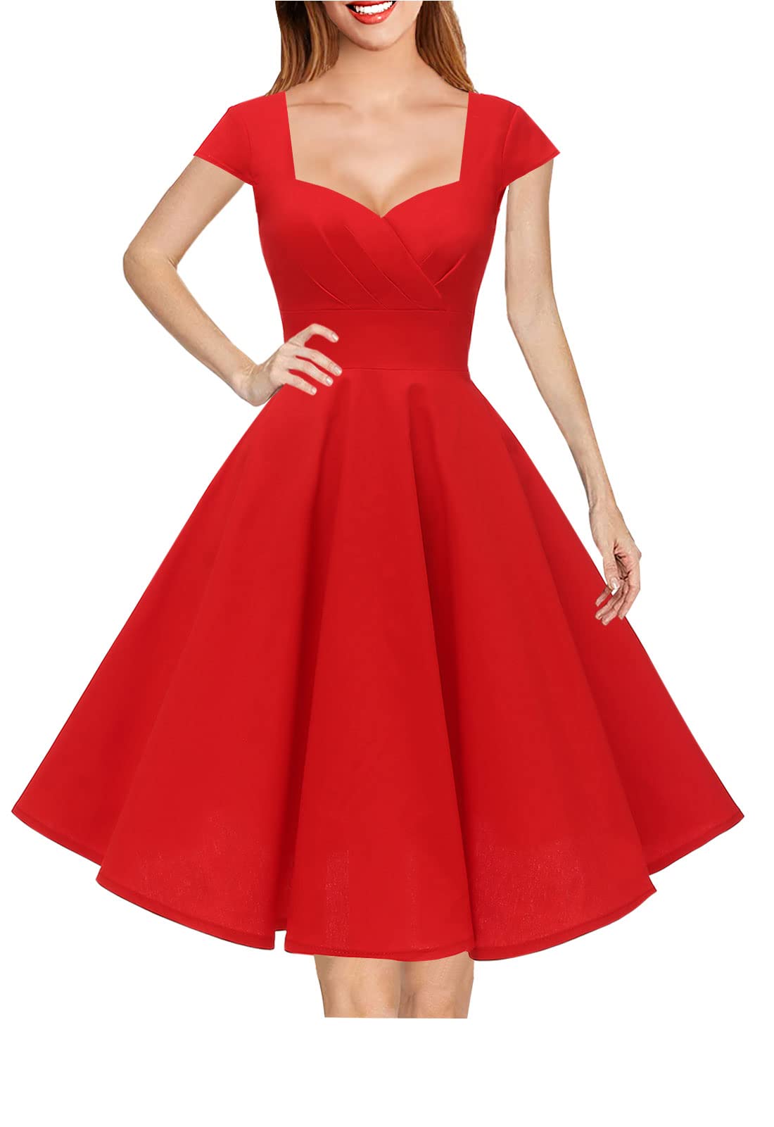 Hanpceirs Women's Cap Sleeve 1950s Vintage Party Dress Cocktail Dress Formal Dresses with Pocket Red L
