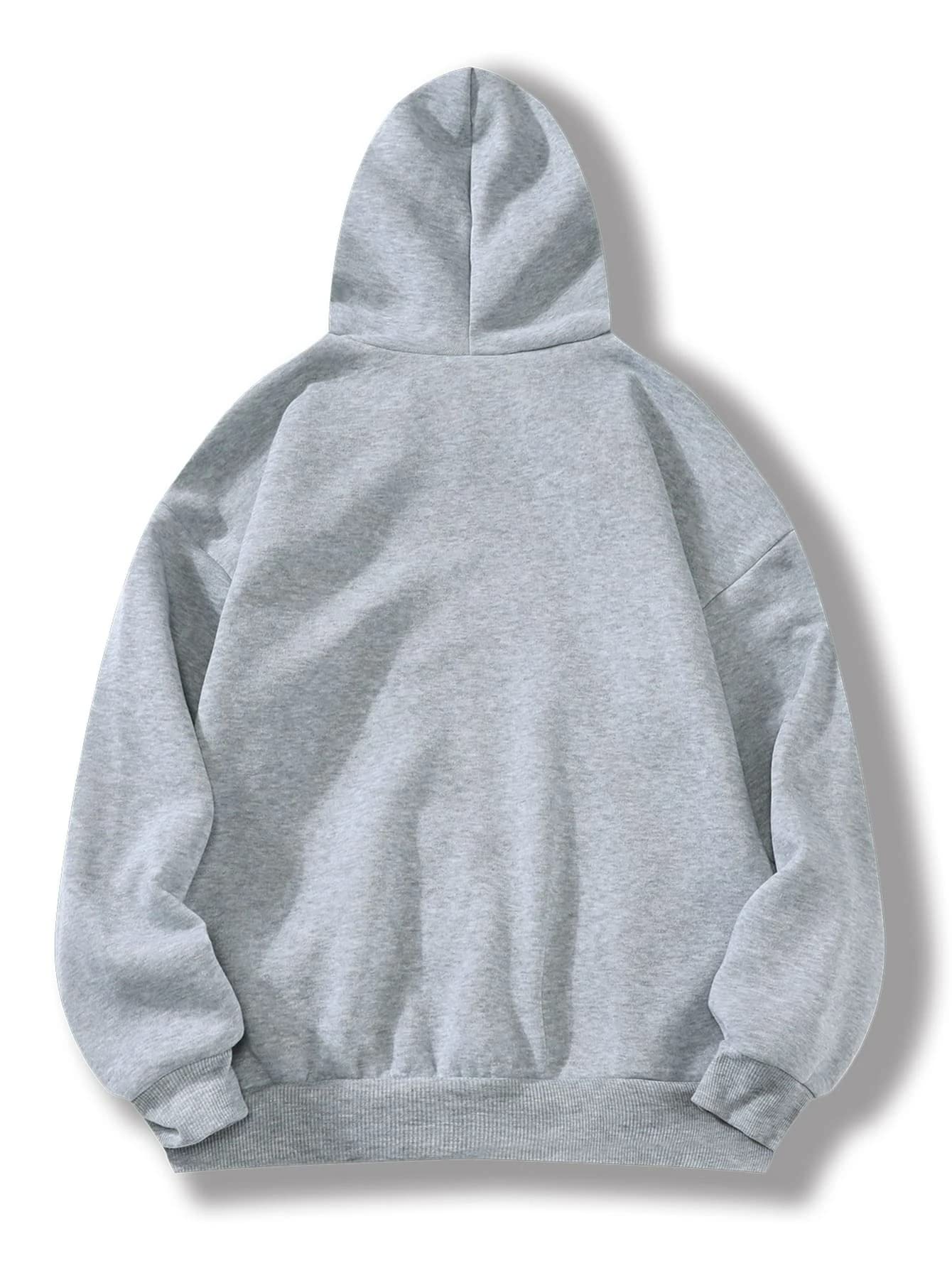 Labolliy Women Letter Graphic Kangaroo Pocket Drawstring Pullover Thermal Hoodie Sweatshirts Grey