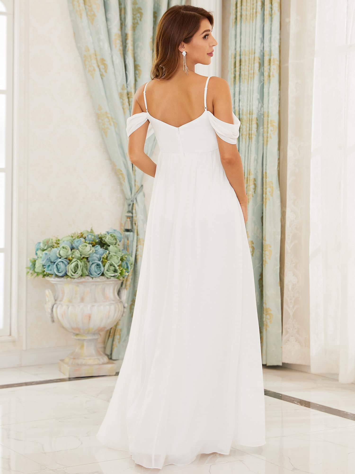 Ever-Pretty Women's Ruched Deep V Neck Off Shoudler Babyshower Dress White US10