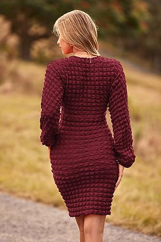 PRETTYGARDEN Women's Fall Mini Bodycon Dress Long Puff Sleeve V Neck Fitted Party Club Dresses (Wine Red,X-Large)
