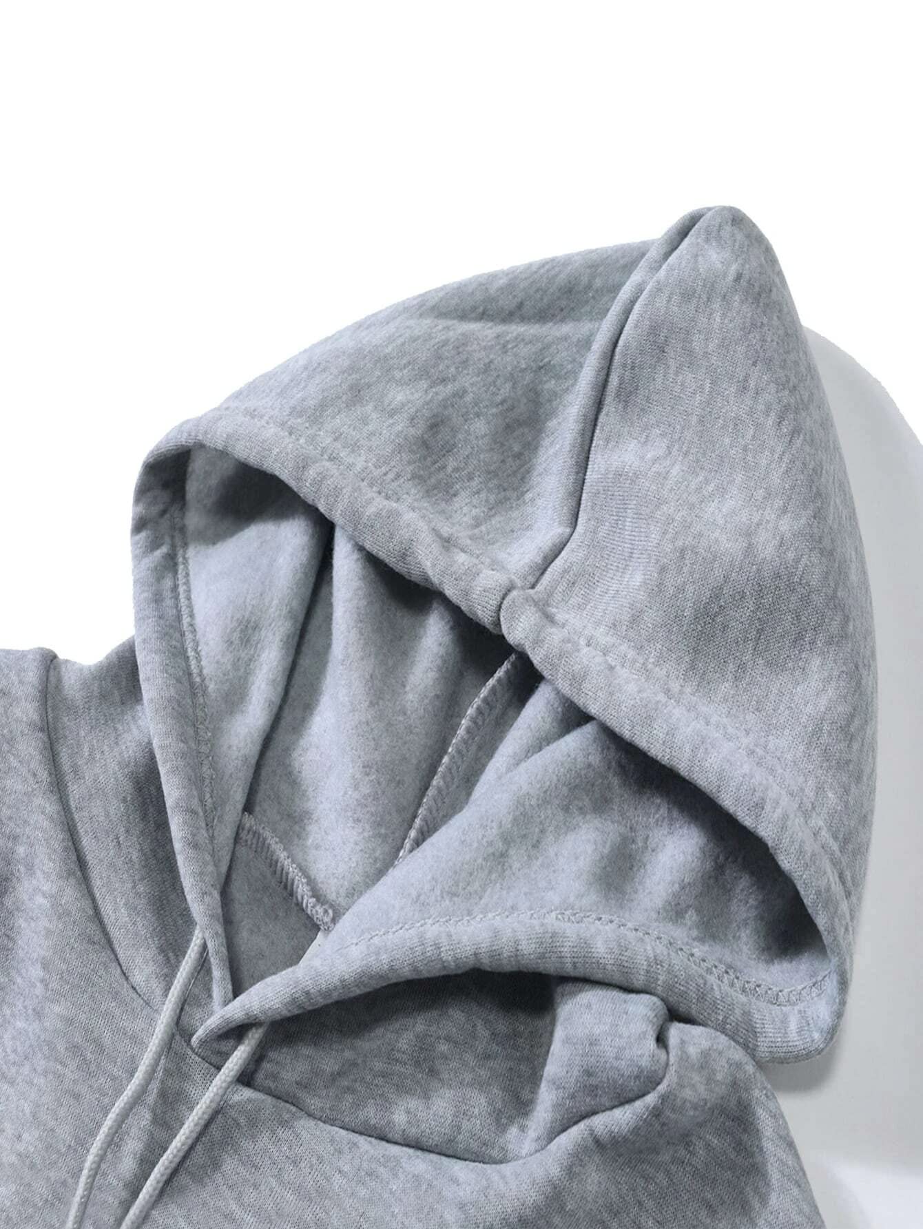 Labolliy Women Letter Graphic Kangaroo Pocket Drawstring Pullover Thermal Hoodie Sweatshirts Grey