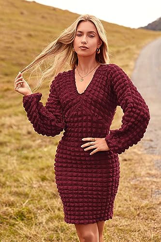 PRETTYGARDEN Women's Fall Mini Bodycon Dress Long Puff Sleeve V Neck Fitted Party Club Dresses (Wine Red,X-Large)