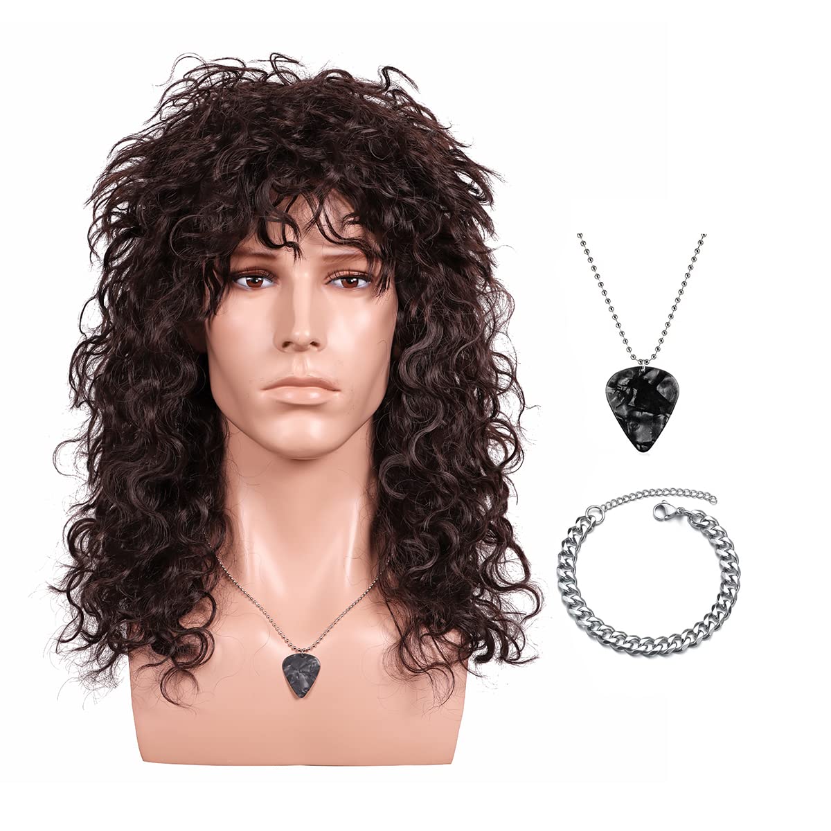 FantaLook 70 80s Long Curly Dark Brown Cosplay Wig with Necklace and Mater Bracelet for Halloween