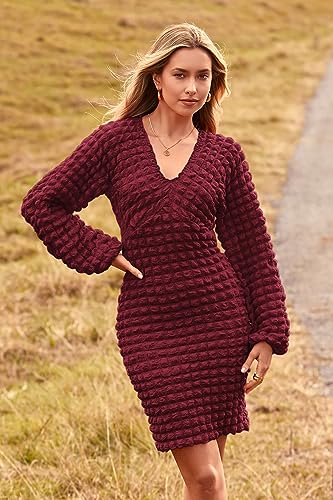 PRETTYGARDEN Women's Fall Mini Bodycon Dress Long Puff Sleeve V Neck Fitted Party Club Dresses (Wine Red,X-Large)