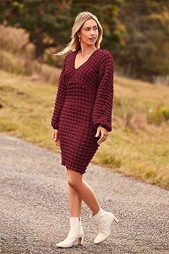 PRETTYGARDEN Women's Fall Mini Bodycon Dress Long Puff Sleeve V Neck Fitted Party Club Dresses (Wine Red,X-Large)
