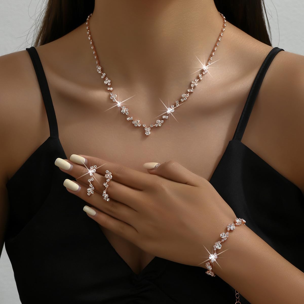 UDYLGOON Crystal Necklace Earrings Bracelet Jewelry Set Bride Bridesmaid Wedding Prom Party (Rose Gold)