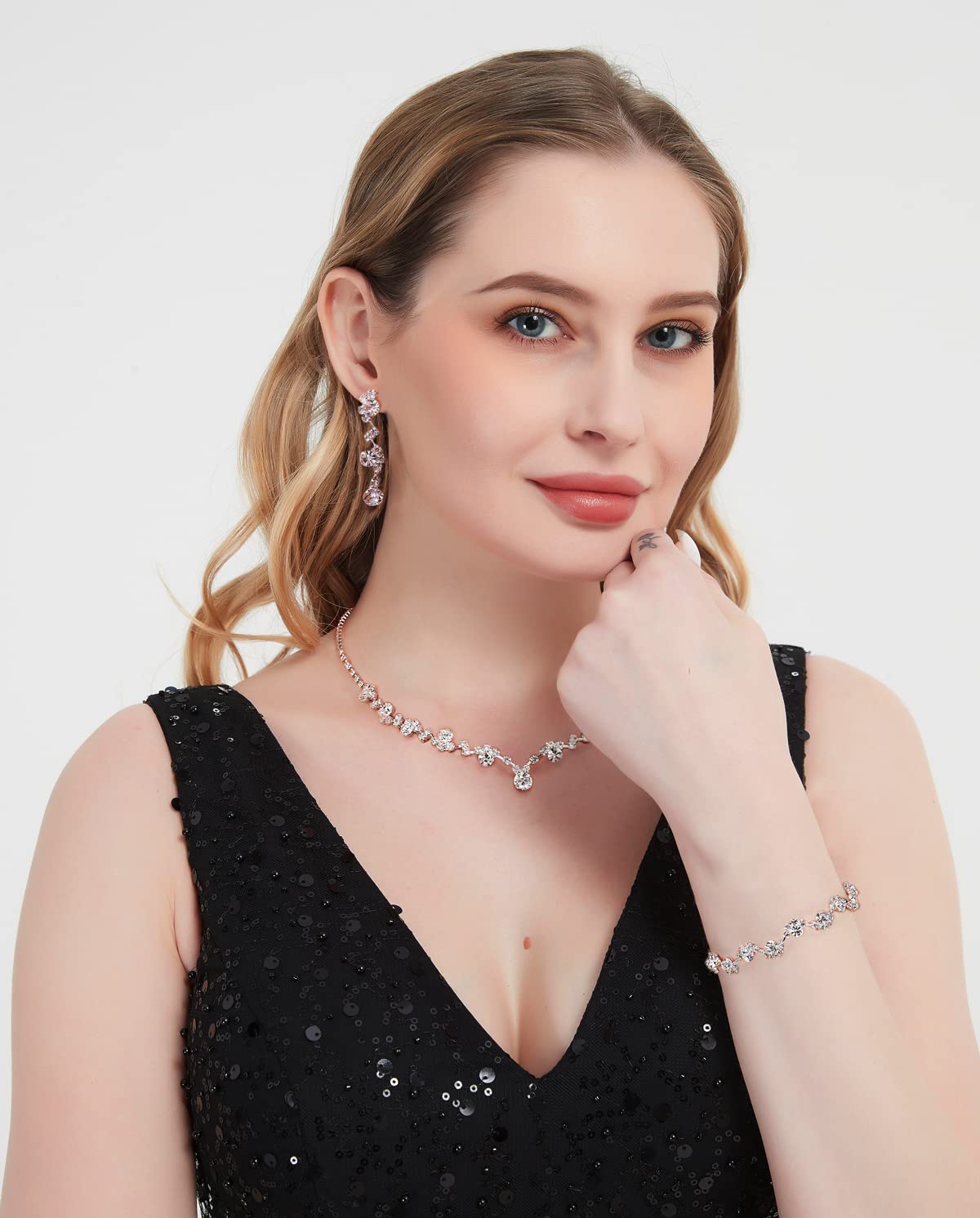 UDYLGOON Crystal Necklace Earrings Bracelet Jewelry Set Bride Bridesmaid Wedding Prom Party (Rose Gold)