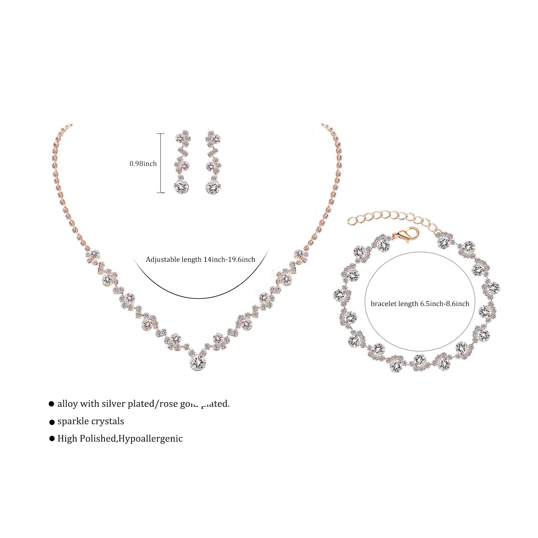 UDYLGOON Crystal Necklace Earrings Bracelet Jewelry Set Bride Bridesmaid Wedding Prom Party (Rose Gold)