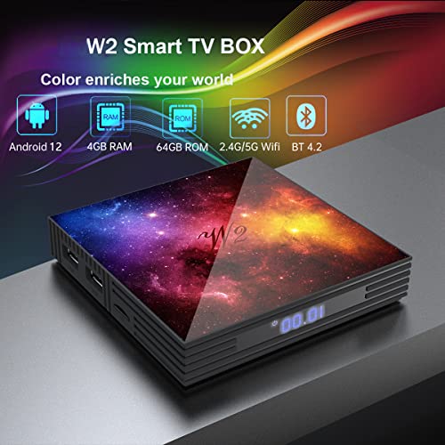 Android 12 TV Box 4GB RAM 64GB ROM W2 Mali-G31 Smart Set Top Box Builtin 2.4G/5G WiFi Bluetooth 4.2, Media Player Support 3D 4K UHD Videos, with Wireless Mini Keyboard