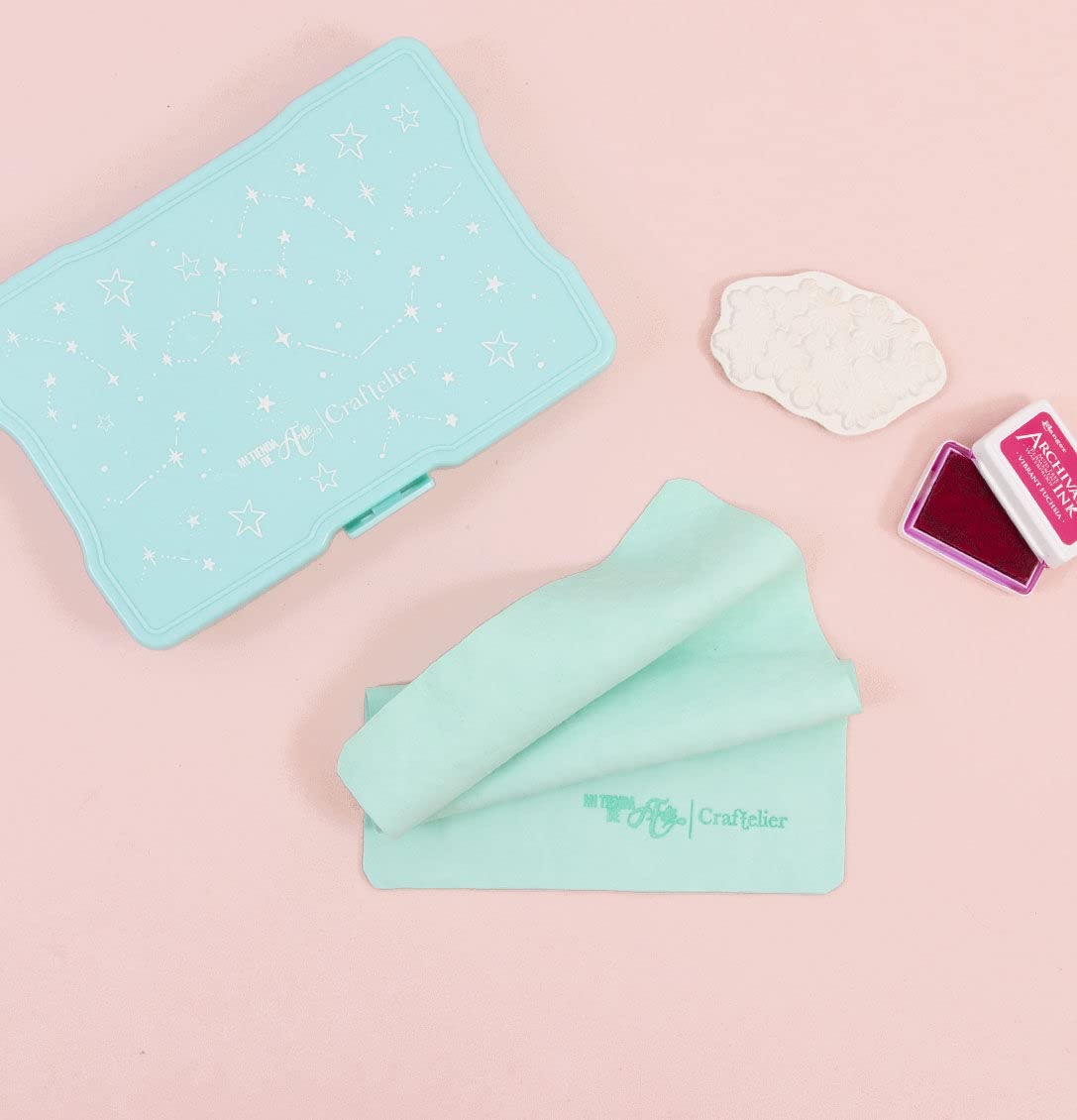 Craftelier - Shammy Stamp Cleaner and Organiser Box to Keep Your Stamps in Perfect Condition | Size Shammy 20 x 14,5 cm and Box 17 x 12 x 3 x 3 cm - Colour Mint with Constellations