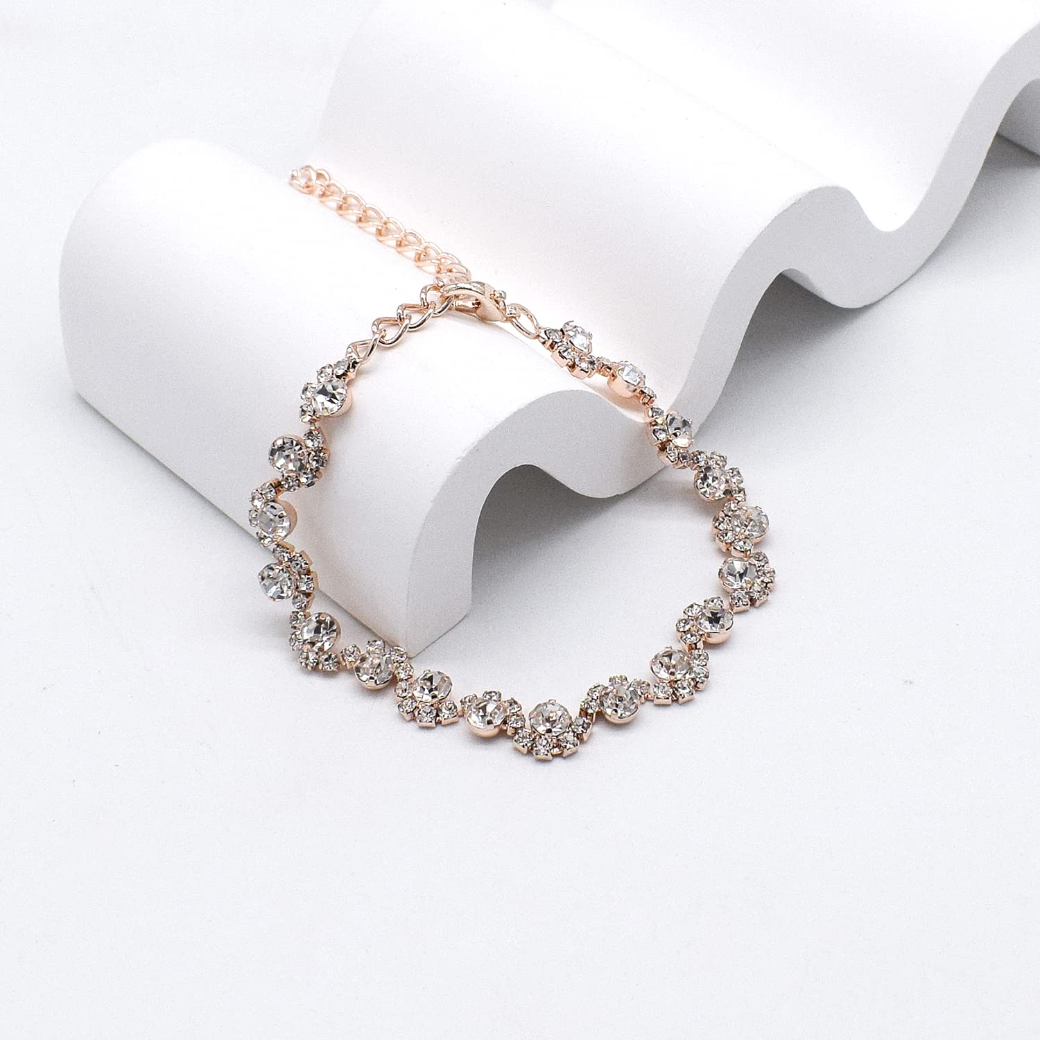 UDYLGOON Crystal Necklace Earrings Bracelet Jewelry Set Bride Bridesmaid Wedding Prom Party (Rose Gold)