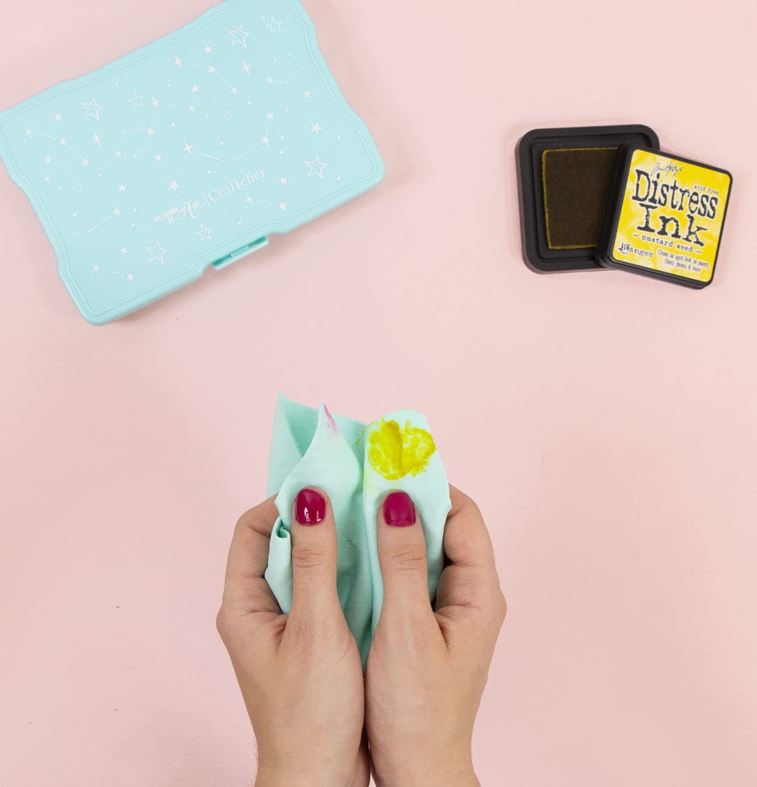 Craftelier - Shammy Stamp Cleaner and Organiser Box to Keep Your Stamps in Perfect Condition | Size Shammy 20 x 14,5 cm and Box 17 x 12 x 3 x 3 cm - Colour Mint with Constellations