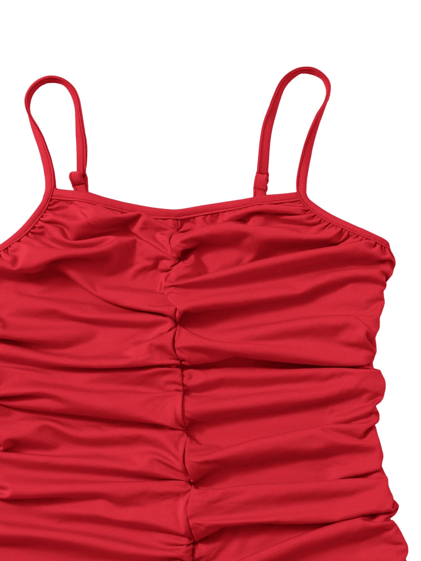 SweatyRocks Girl's Spaghetti Strap Solid Ruched Slim Fitted Cami Short Dress Red 12-13Y