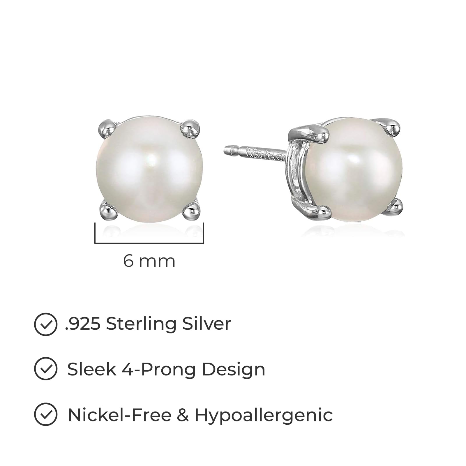 Amazon Essentials Sterling Silver Round Freshwater Cultured Pearl Birthstone Stud Earrings (June) (previously Amazon Collection)