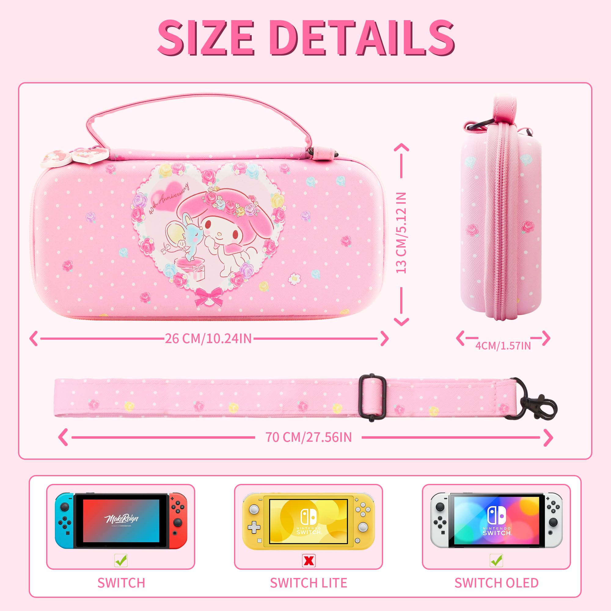 FUNDIARY Cute Bunny Carrying Case for Nintendo Switch and Switch OLED, Pink Portable Travel Case Built-in 10 Game Card Slots for Switch Console Joycon & Accessories with Shoulder Strap and 2 Thumb Cap