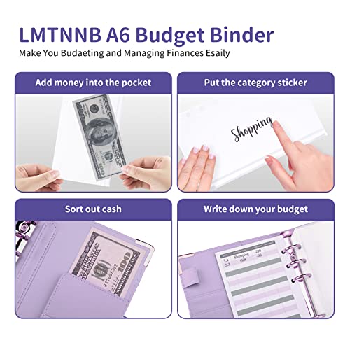 Budget Binder, A6 Marble PU Leather Binder, 6 Ring Budget Planner Organizer with 8 Zipper Cash Envelopes, 12 Expense Budget Sheets, 2 Letter Label Sticker for Budgeting, Saving Money (Purple)