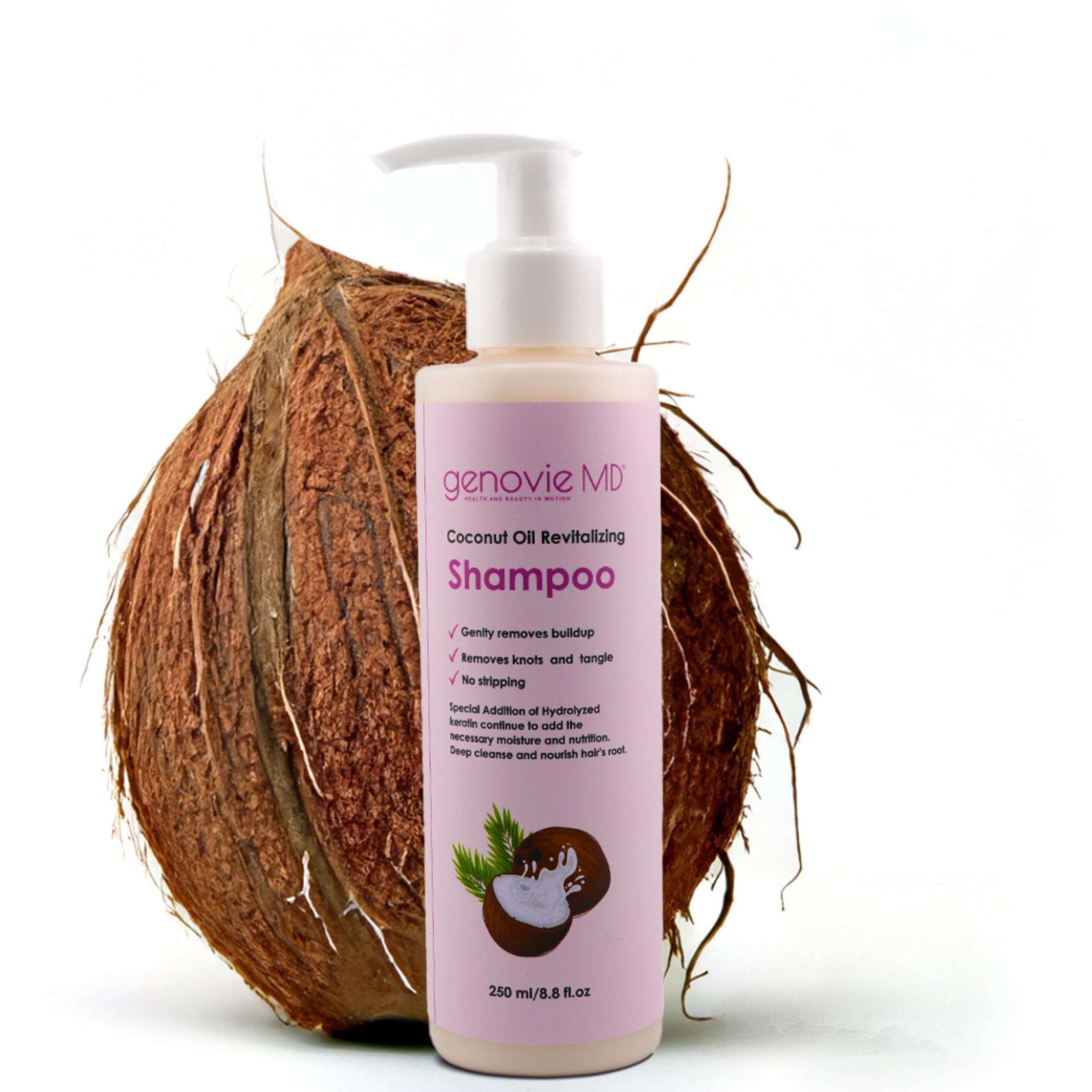 genovie MD Coconut Oil Revitalizing Shampoo for a Healthy and Silky Shine, Made for all Hair Types with Hydrolyzed Keratin Protein that Provides Moisture for Hair Roots and Damaged Hair, 8.8 fl oz
