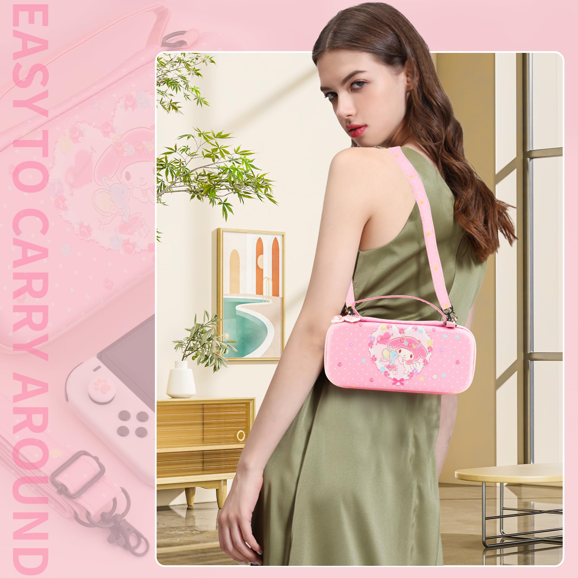 FUNDIARY Cute Bunny Carrying Case for Nintendo Switch and Switch OLED, Pink Portable Travel Case Built-in 10 Game Card Slots for Switch Console Joycon & Accessories with Shoulder Strap and 2 Thumb Cap